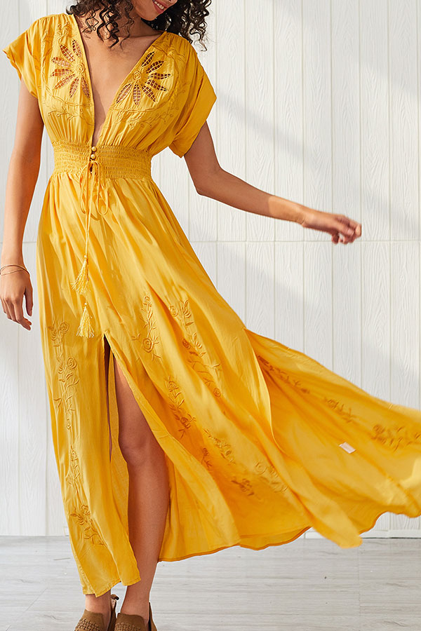 Yellow Slit Embroidered Maxi Dress – Mislish