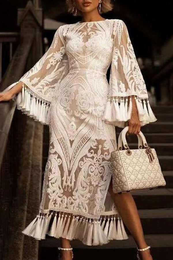 Embroidered Lined See Thru Tassel Dress – Mislish