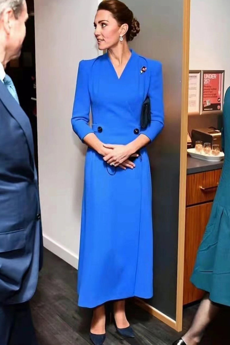 Kate Middleton Royal Blue V-Neck Formal Dress – Mislish