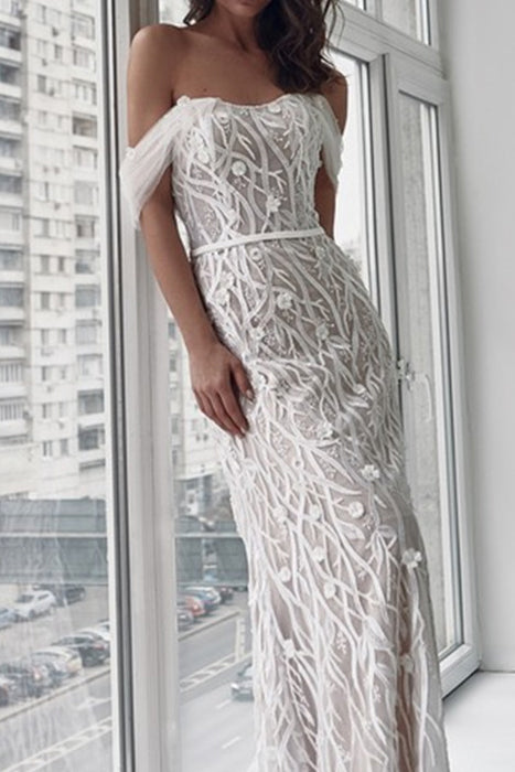 Long White Off-the-Shoulder Evening Gown Wedding Dress – Mislish