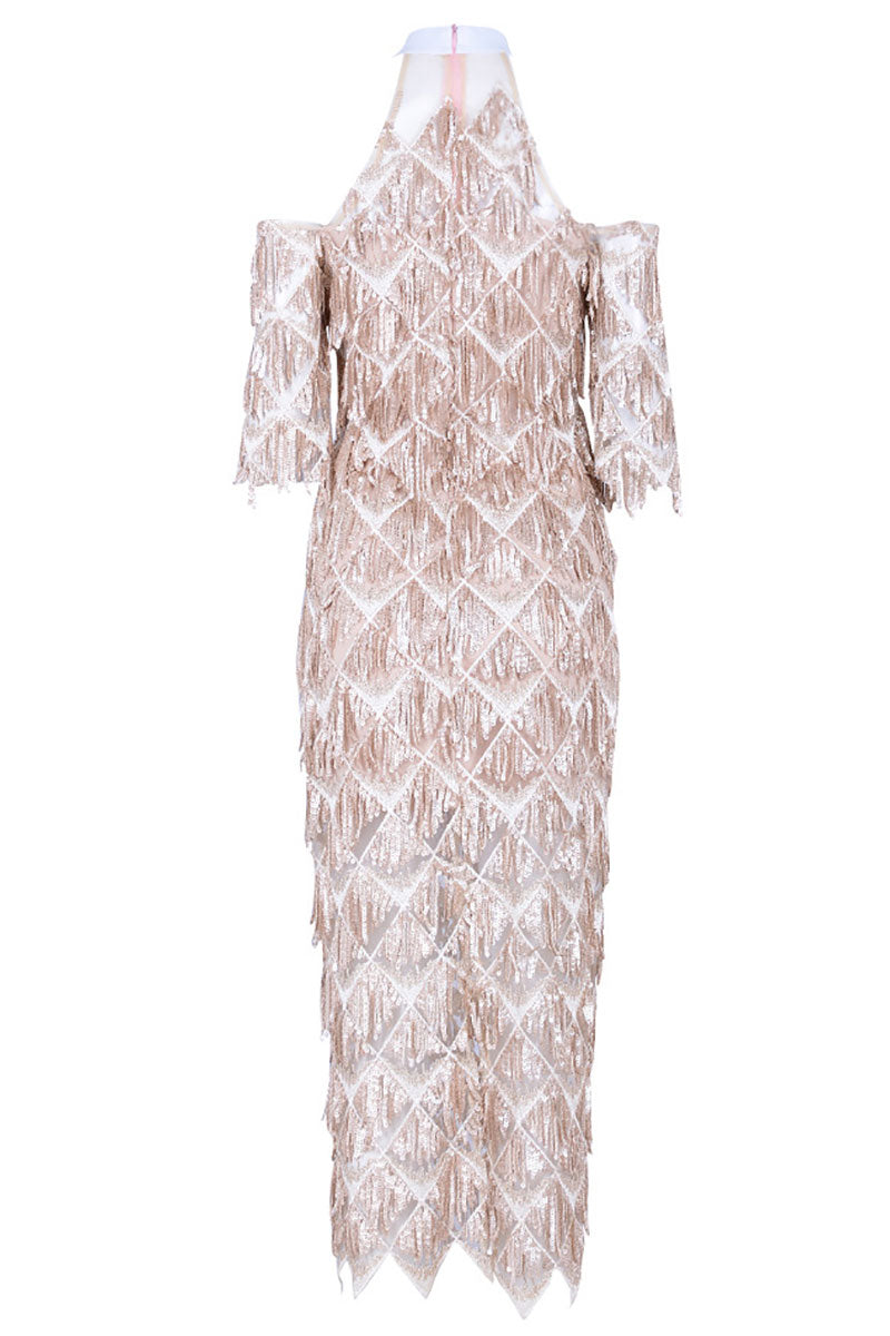 Champagne Sequin High Neckline Prom Dress With Sleeves – Mislish