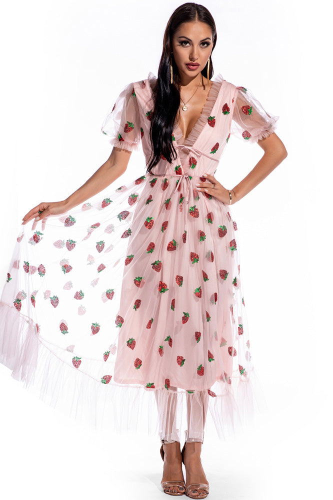 Pink V-Neck Tulle Prom Dress Evening Gown – Mislish