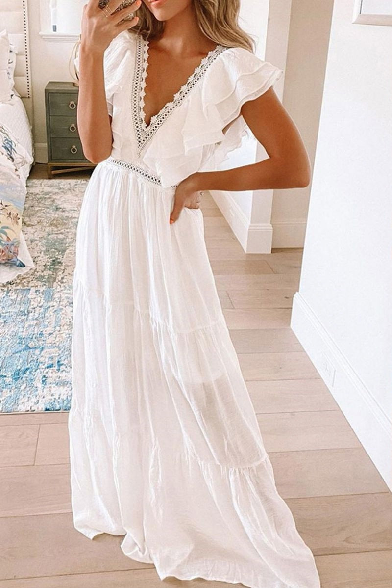White Plunging Sleeveless A-Line Maxi Dress – Mislish
